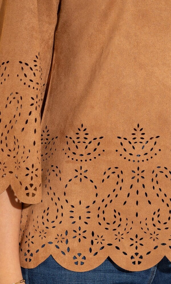 Laser Cut Suedette Top in Brown | Klass