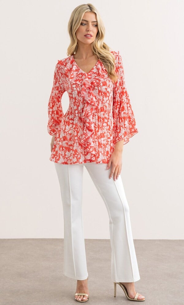 Floral Print Pleated Ruffle Top in Orange | Klass