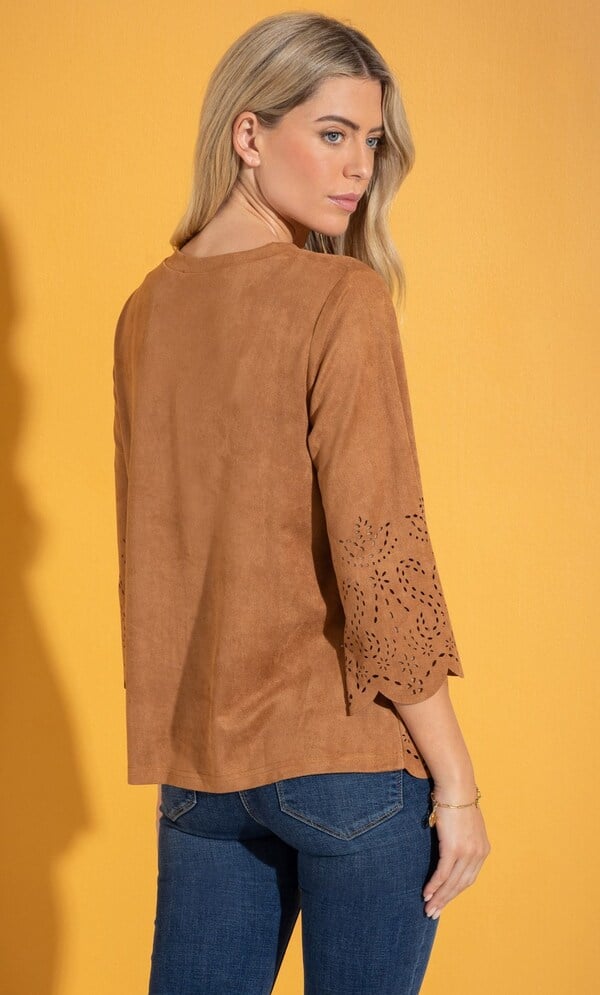 Laser Cut Suedette Top in Brown | Klass