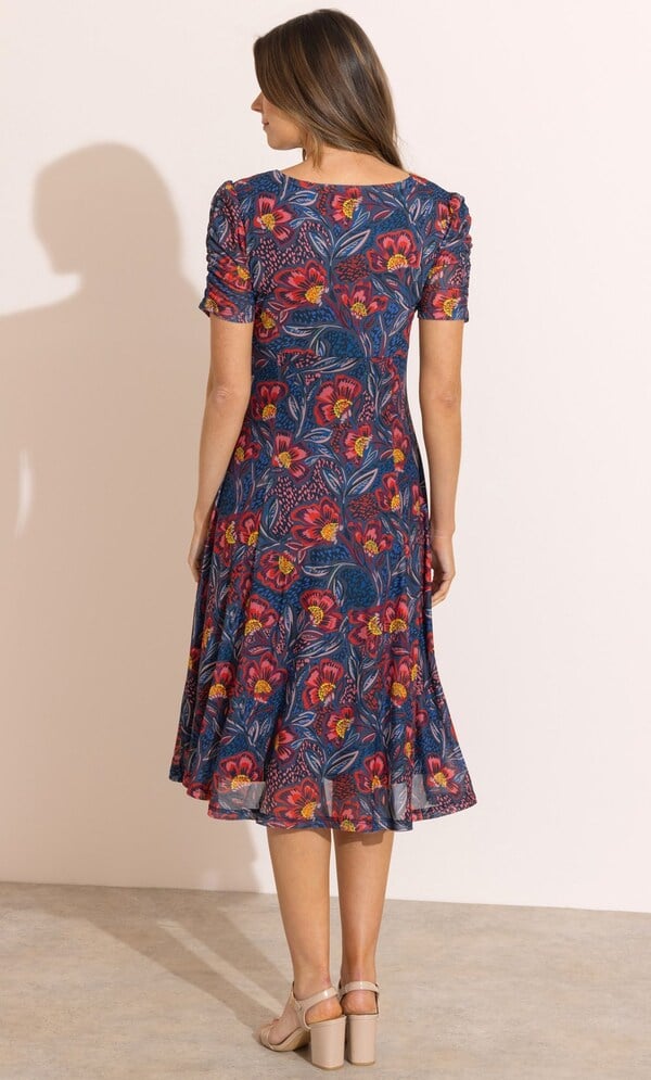 Floral Print Short Sleeve Mesh Dress in Blue | Klass