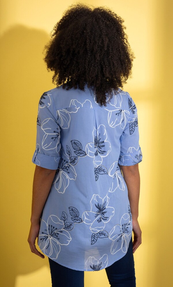 Floral Shimmer Embroidered Cotton Shirt in Blue | Klass