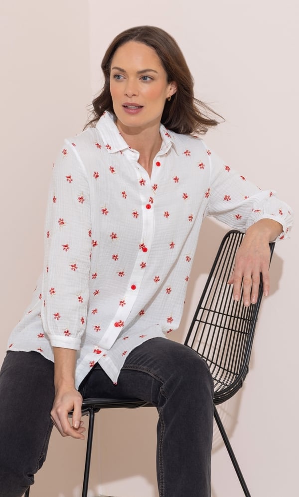 Floral Embroidered Textured Cotton Blouse in White | Klass