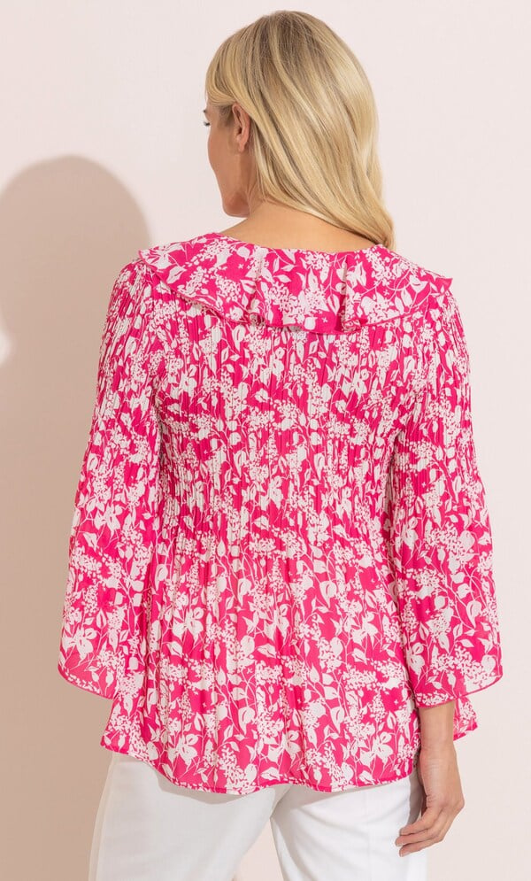 Floral Print Pleated Ruffle Top in Pink | Klass
