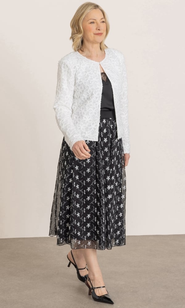 Anna Rose Textured Floral Lace Peplum Jacket in White | Klass