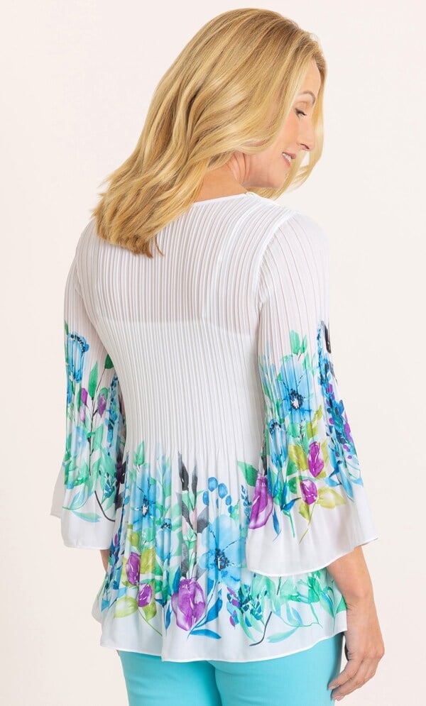 Anna Rose Garden Print Pleated Top in White | Klass