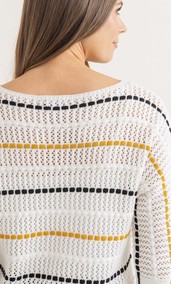 Striped Crochet Knit Jumper in White | Klass
