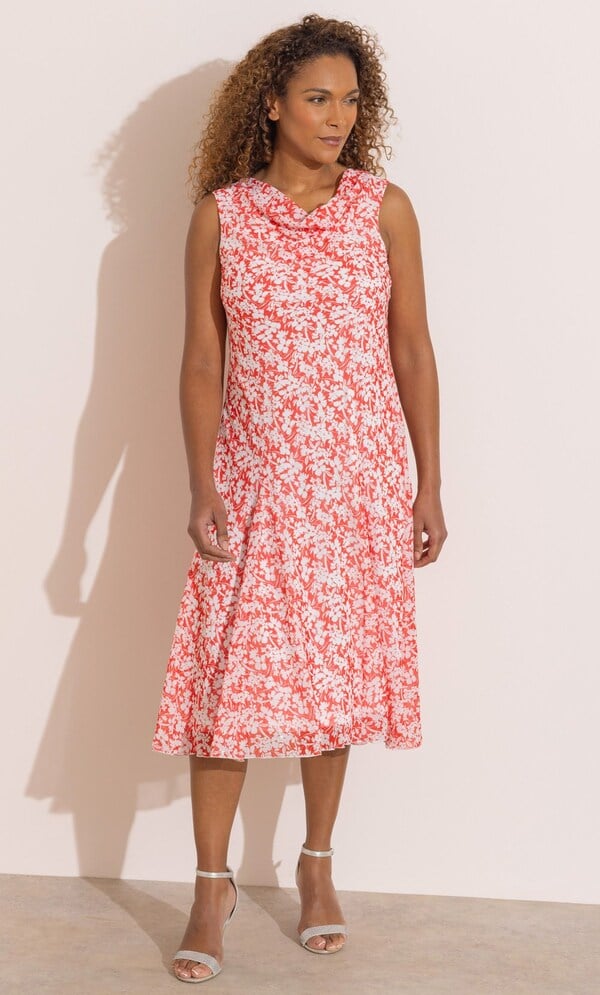 Anna Rose Floral Cowl Neck Shimmer Dress in Red | Klass