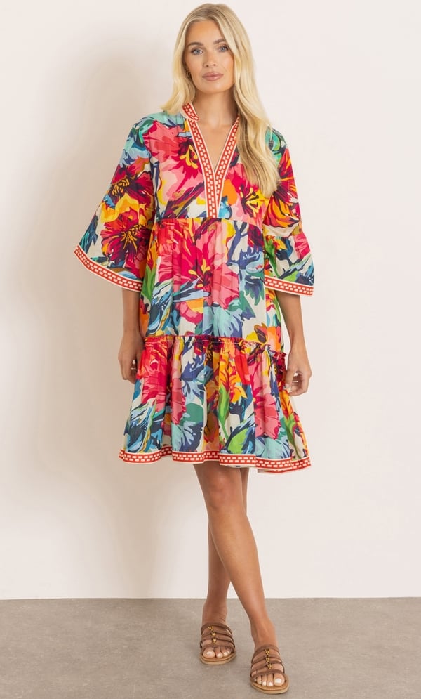 Bouquet Printed Cotton Tunic Dress in Red | Klass