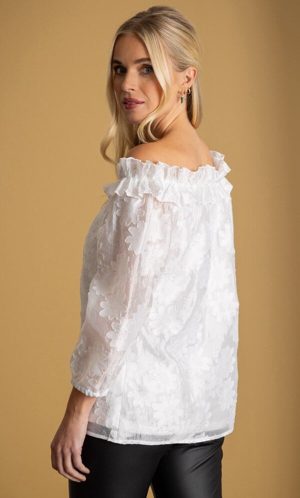 Embellished Floral Bardot Top in White | Klass