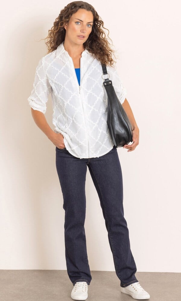 Anna Rose Zip Up Cotton Blouse in White | Klass