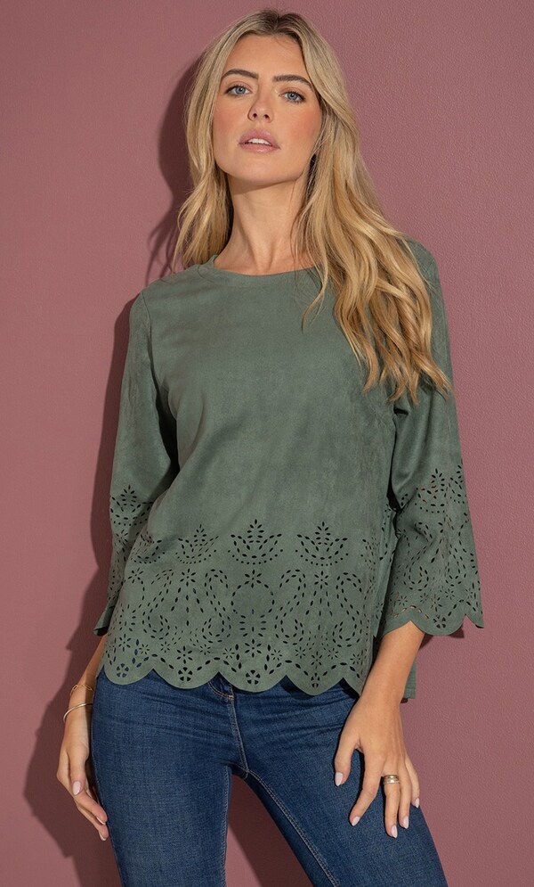 Laser Cut Suedette Top in Green | Klass