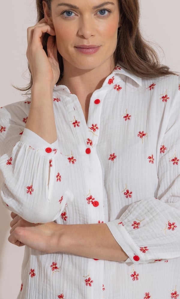 Floral Embroidered Textured Cotton Blouse in White | Klass