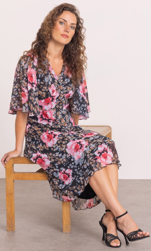 Anna Rose Floral Print Short Sleeve Dress in Black | Klass