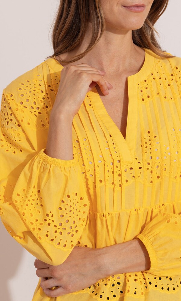 Embroidered Eyelet Cotton Top in Yellow | Klass