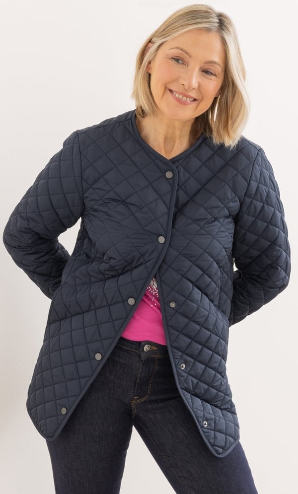 Anna Rose Quilted Collarless Jacket in Blue | Klass