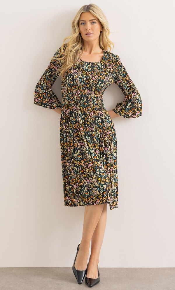 Three Quarter Sleeve Meadow Print Pleated Dress in Black | Klass