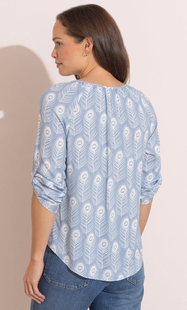 Peacock Feather Print Top in Blue | Klass
