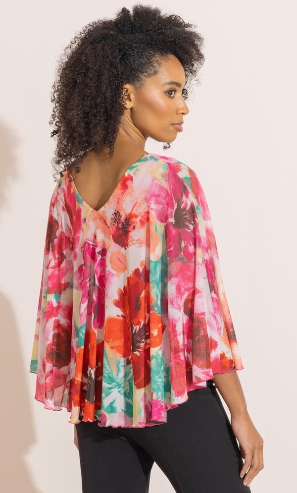 Watercolour Floral Print Mesh Cape Top in Pink | Klass