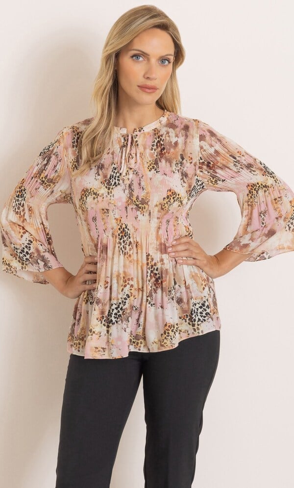 Lace Up Animal Print Pleated Top in Multi | Klass