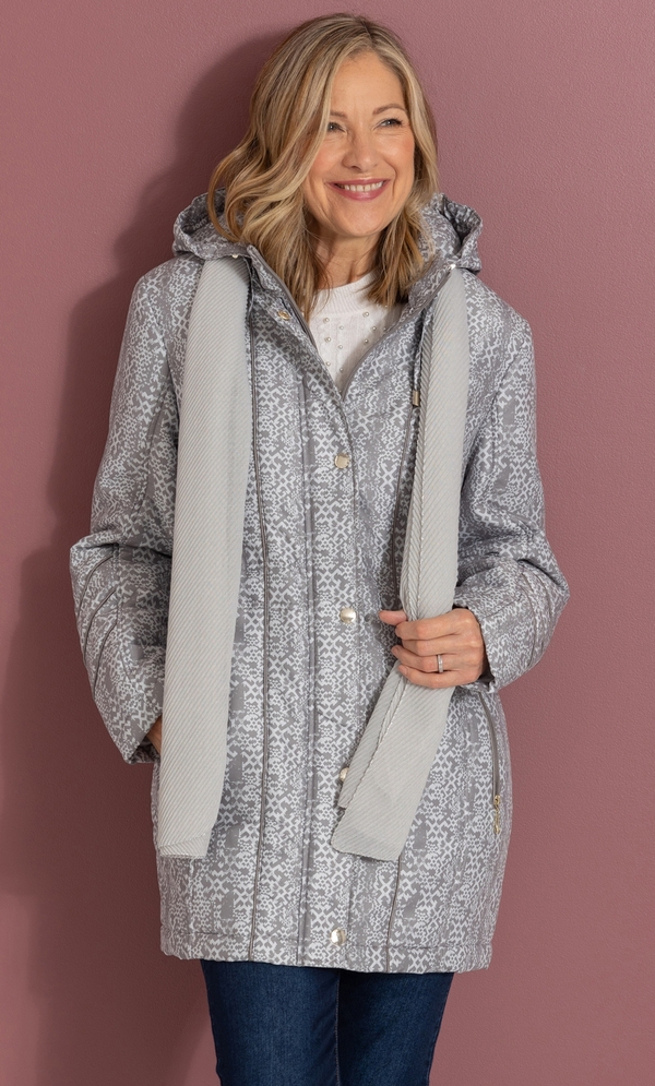 Anna Rose Printed Parka Coat With Scarf in Brown | Klass