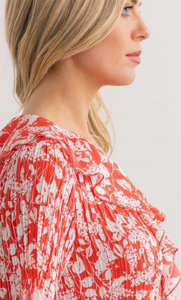 Floral Print Pleated Ruffle Top in Orange | Klass