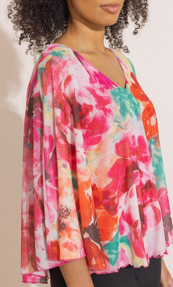 Watercolour Floral Print Mesh Cape Top in Pink | Klass