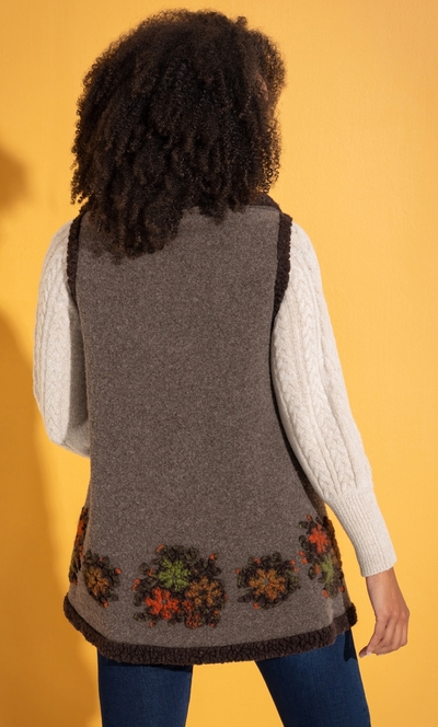 Sleeveless Circular Floral Knit Gilet in Brown | Klass