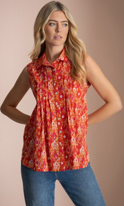 Sleeveless Printed Button Top in Orange | Klass