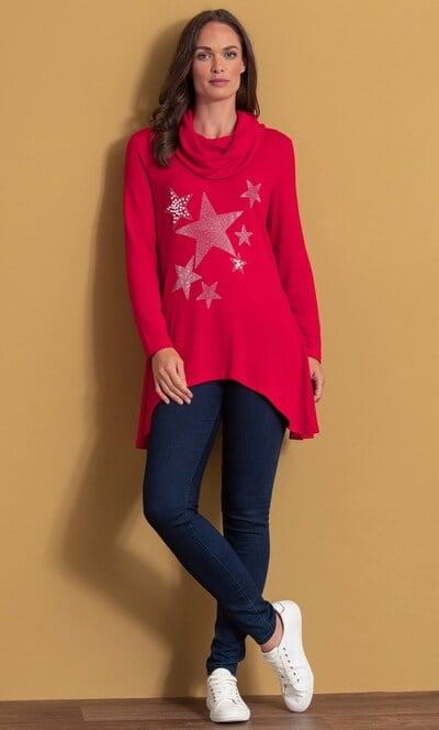 Embellished Star Knitted Tunic Top in Red | Klass
