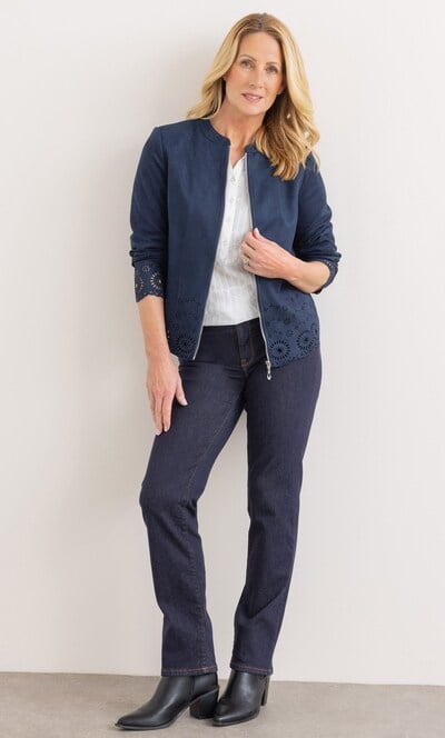 Anna Rose Laser Cut Suedette Jacket in Blue | Klass
