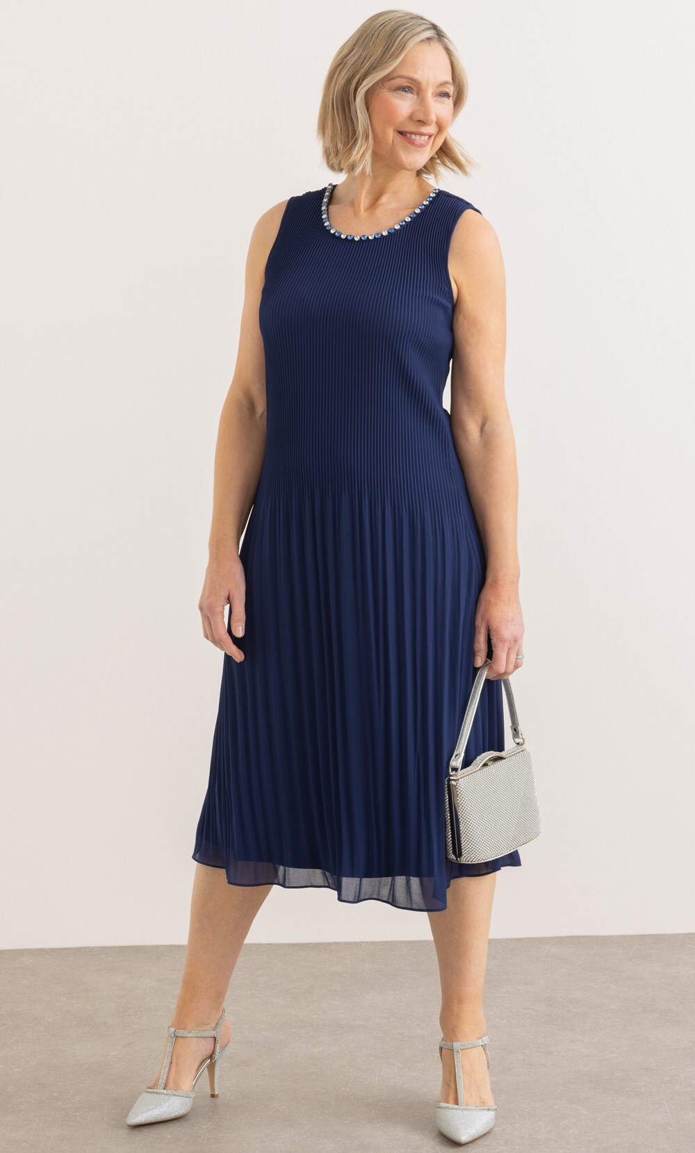 Anna Rose Embellished Pleated Midi Dress in Blue | Klass