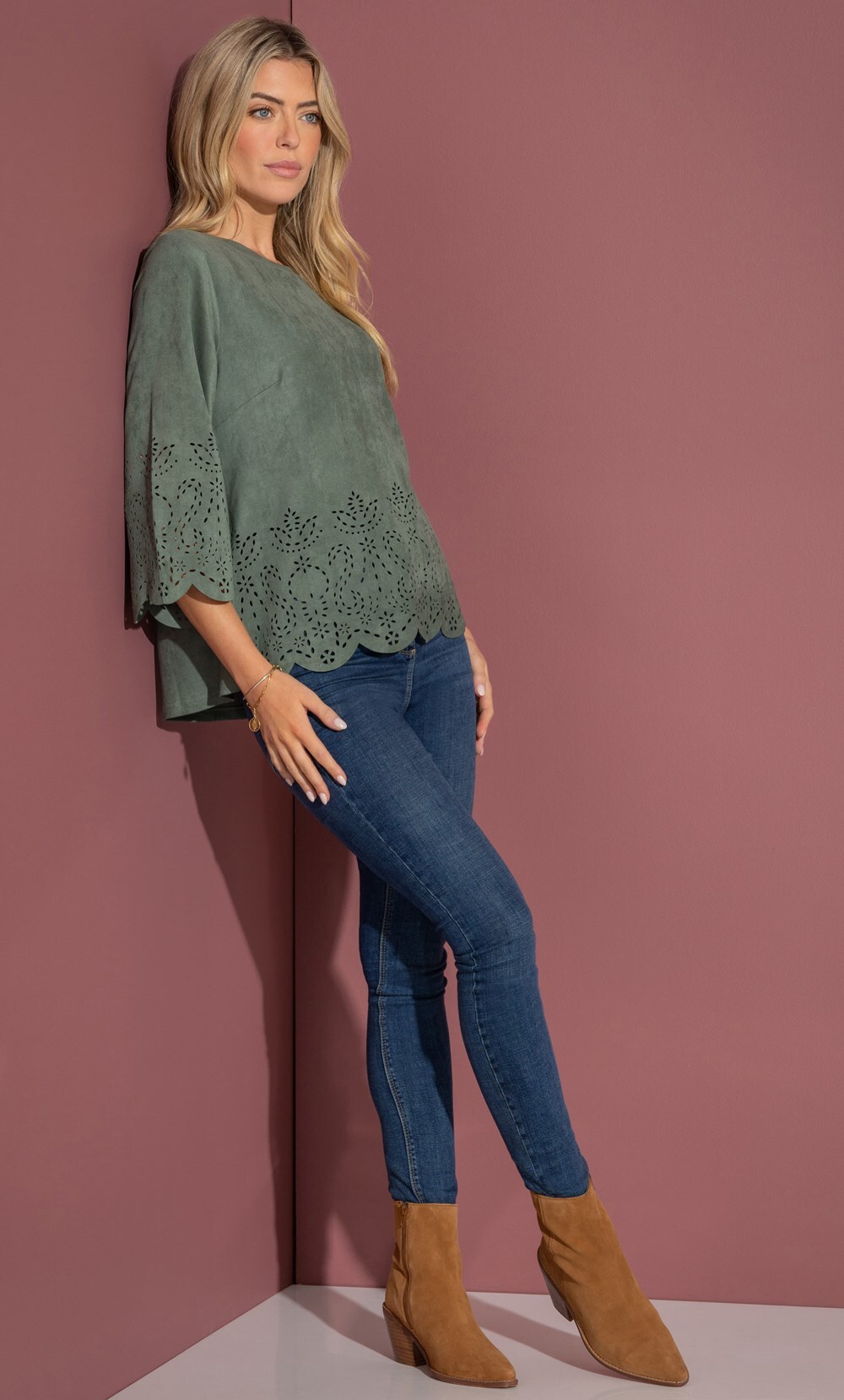 Laser Cut Suedette Top in Green | Klass