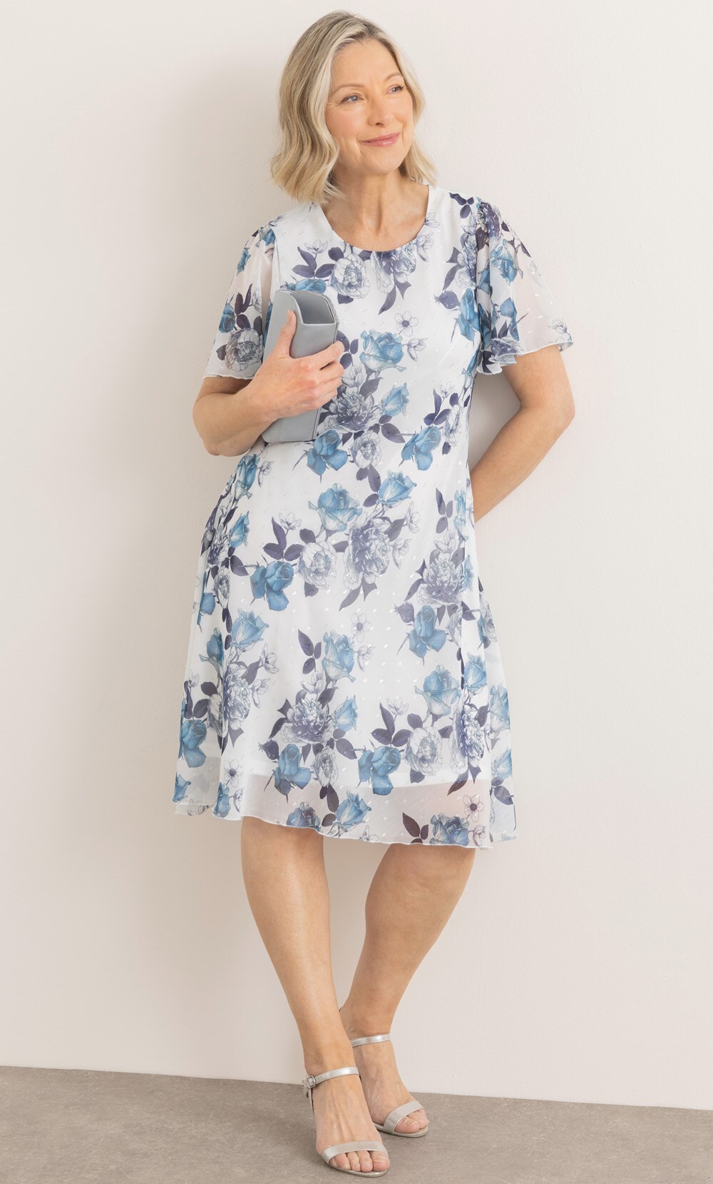 Anna Rose Floral Shimmer Print Bias Cut Dress in White | Klass