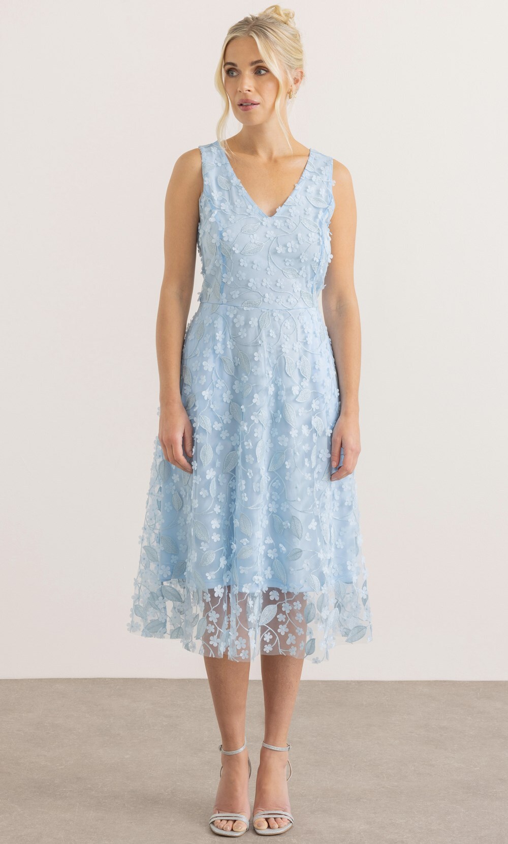 Sleeveless Floral Applique Shimmer Mesh Dress in Blue | Klass