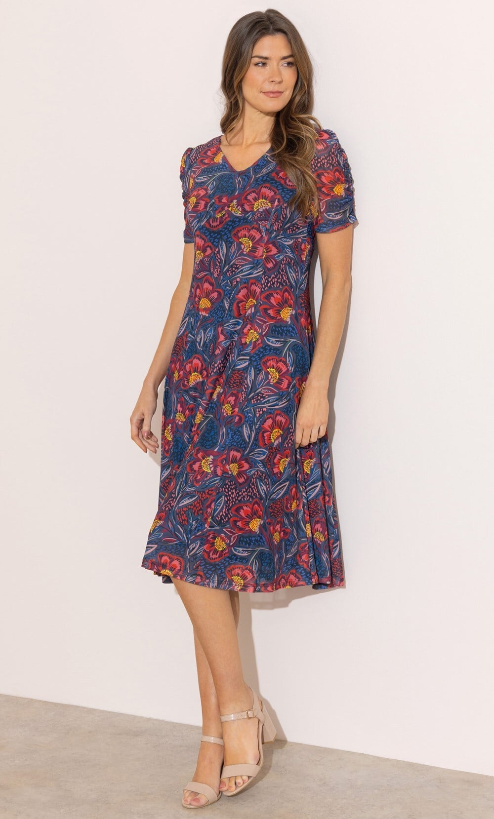 Floral Print Short Sleeve Mesh Dress in Blue | Klass