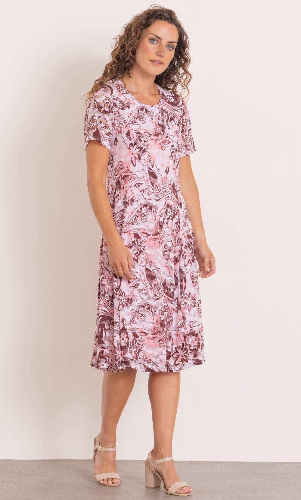 Anna Rose Printed Lace Panelled Dress in Pink | Klass