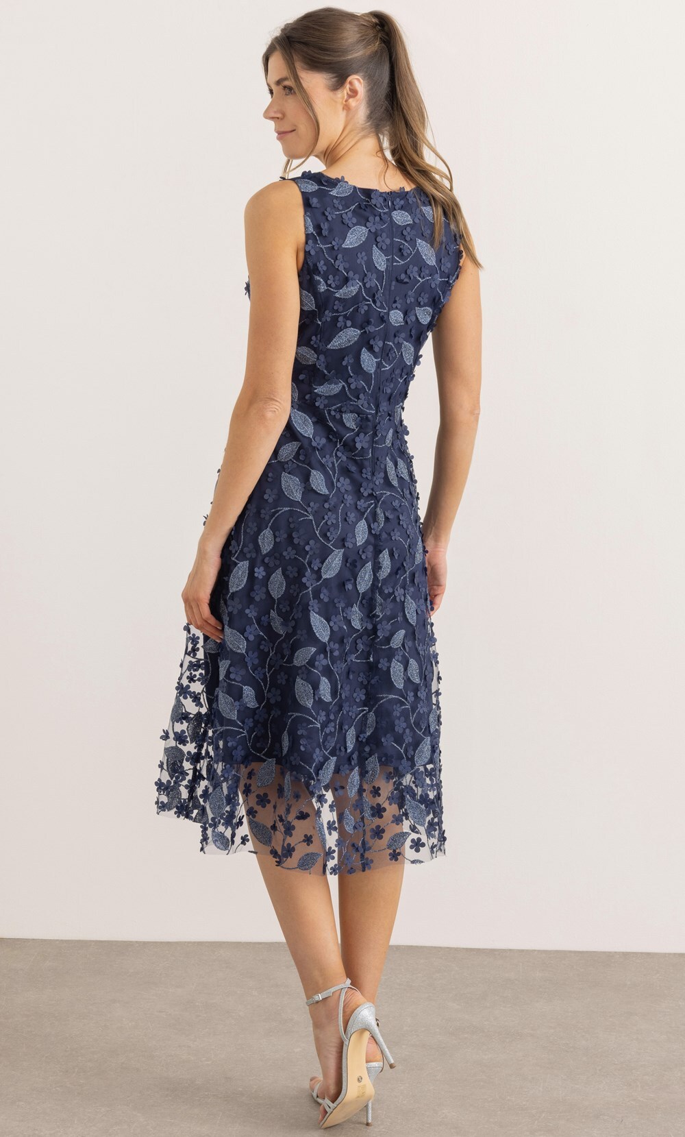 Sleeveless Floral Applique Shimmer Mesh Dress in Blue | Klass