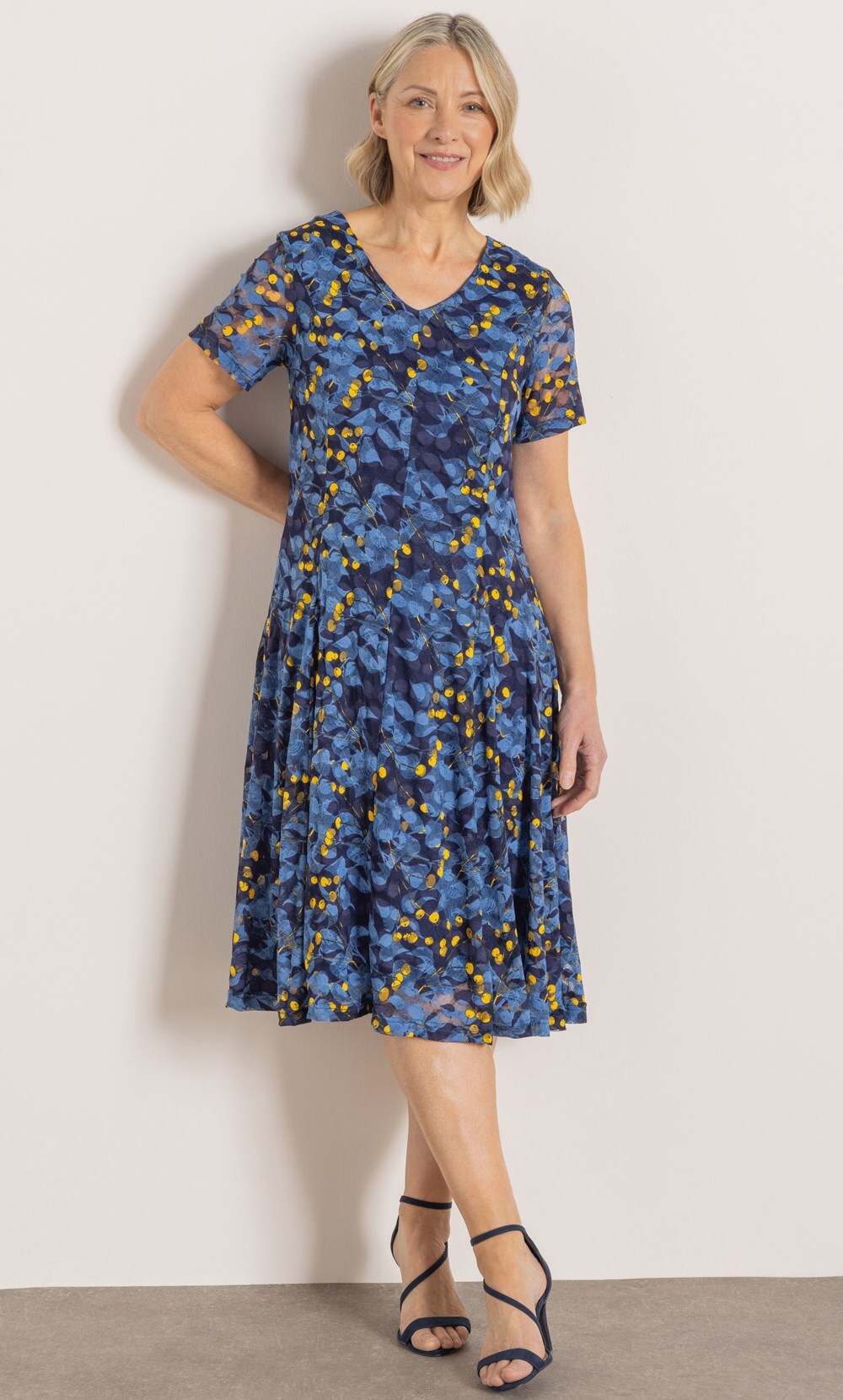Anna Rose Printed Mesh Lace Dress in Blue | Klass