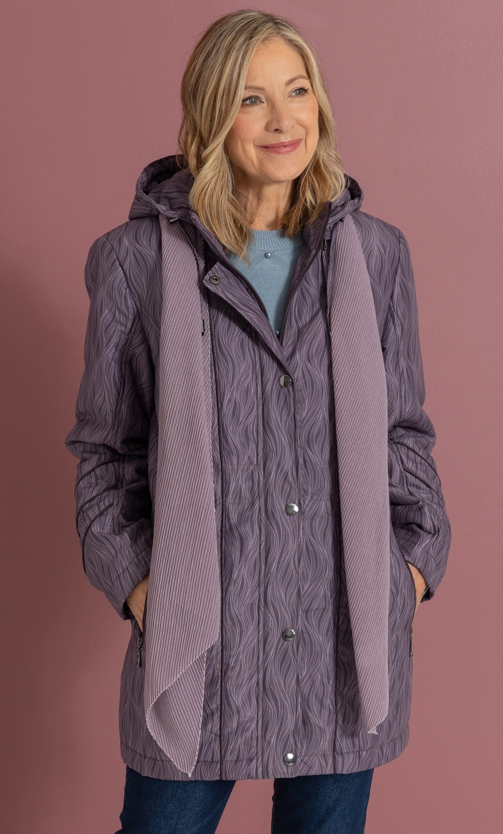 Anna Rose Wave Print Parka Coat With Scarf in Pink | Klass