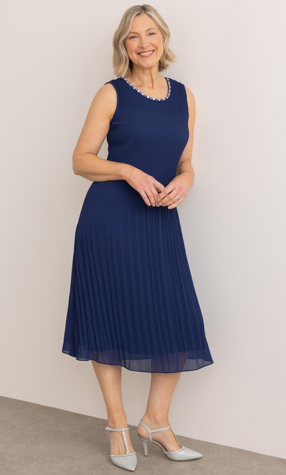 Anna Rose Embellished Pleated Midi Dress in Blue | Klass