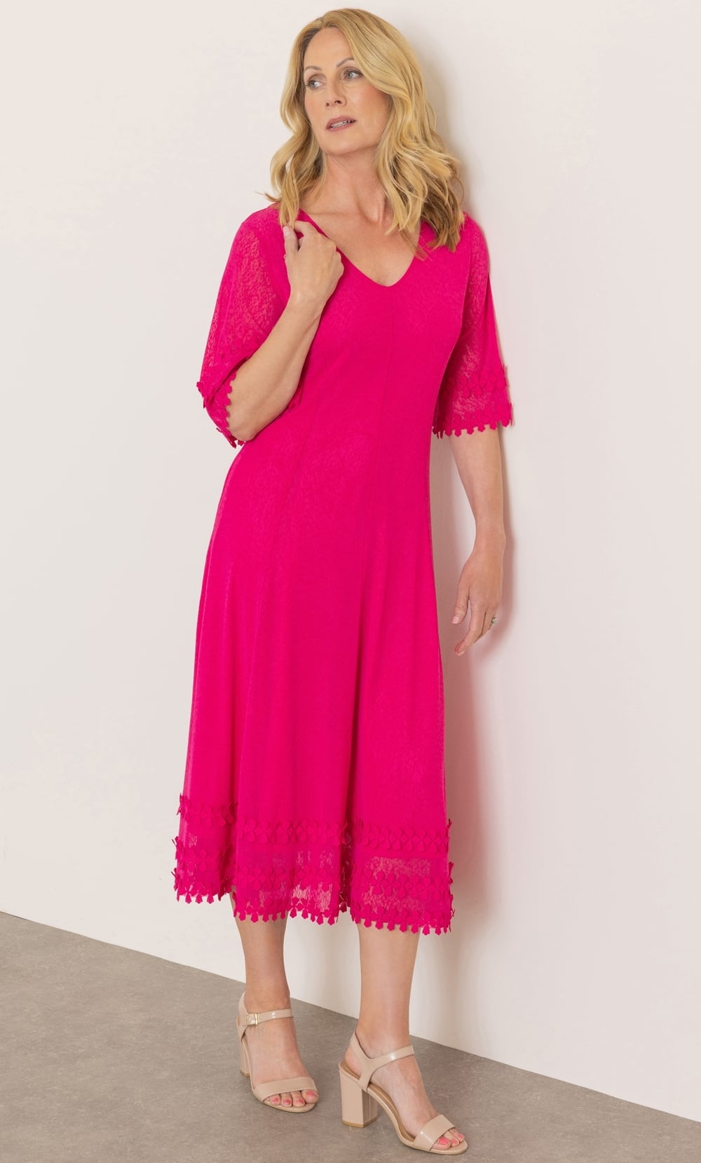 Anna Rose Crochet Trim Mesh Midi Dress in Pink | Klass