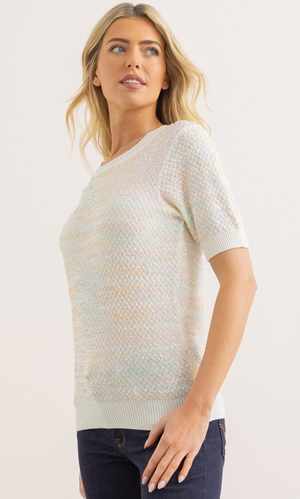 Textured Short Sleeve Lightweight Jumper in Multi | Klass