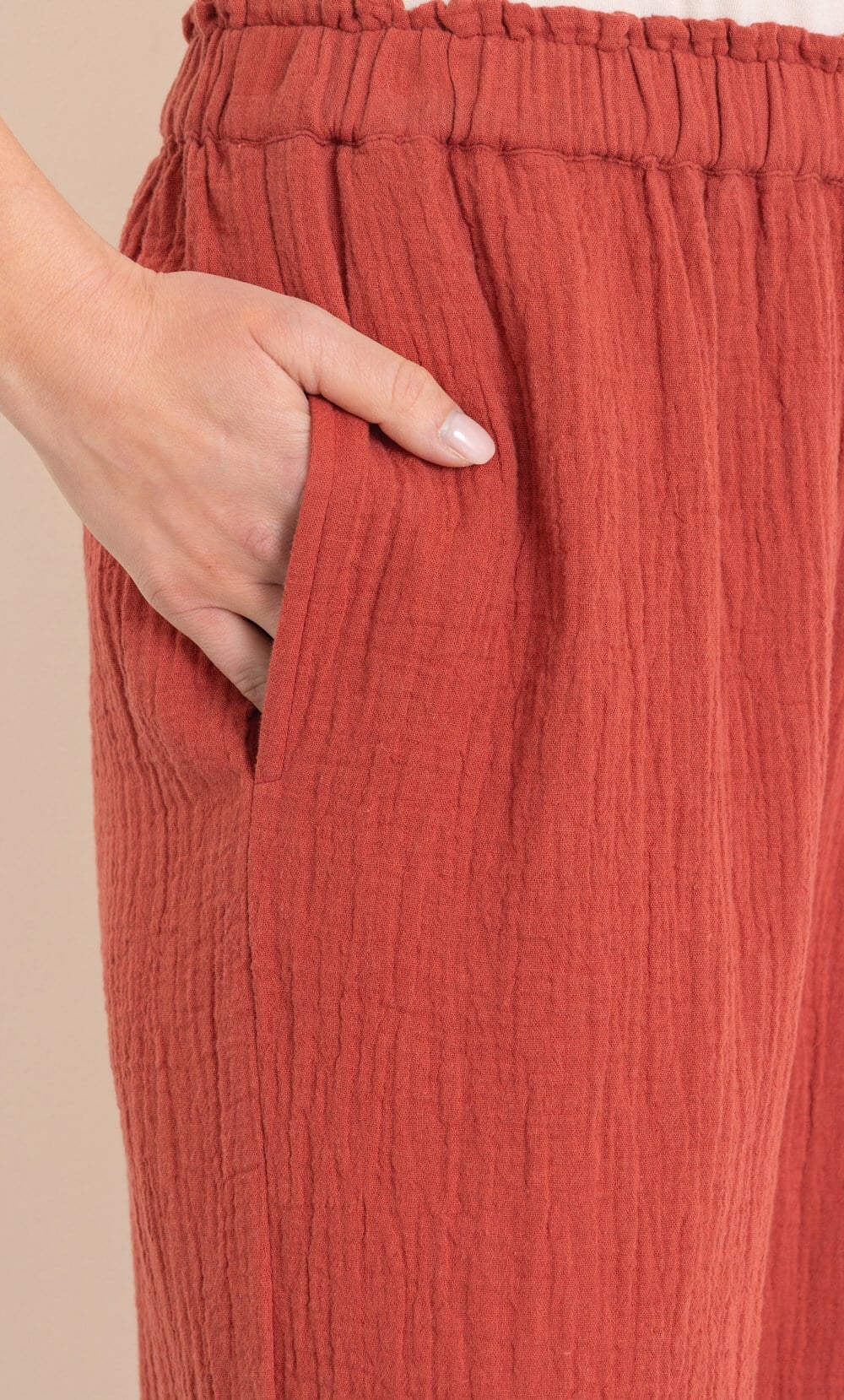Wide Leg Cropped Cotton Pull On Trousers in Red | Klass