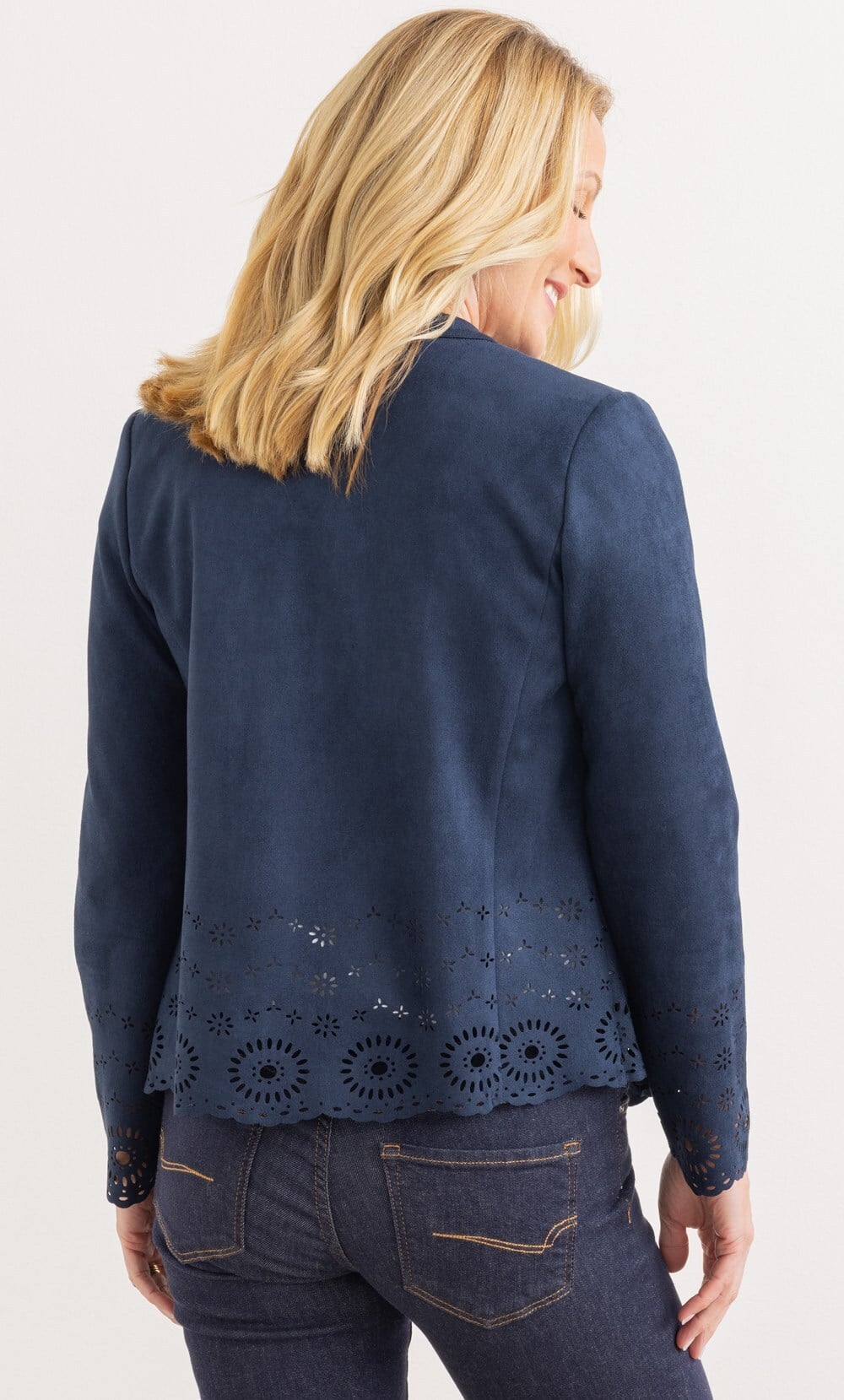 Anna Rose Laser Cut Suedette Jacket in Blue | Klass