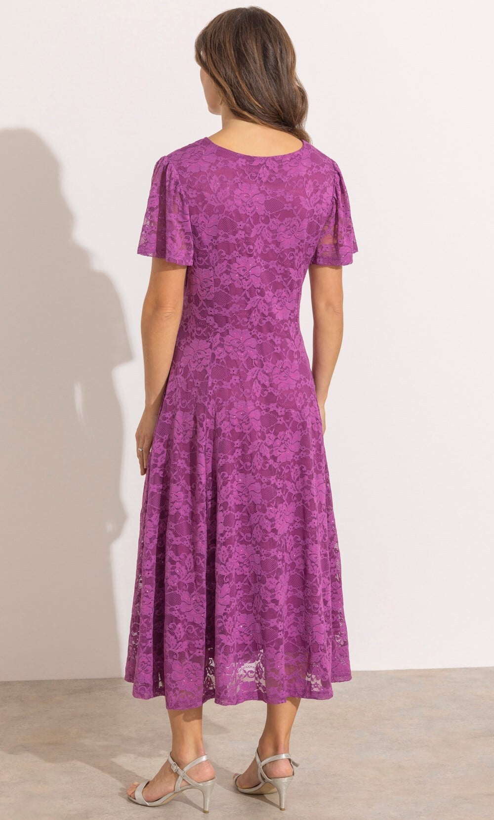 Anna Rose Shimmer Lace Midi Dress in Purple | Klass