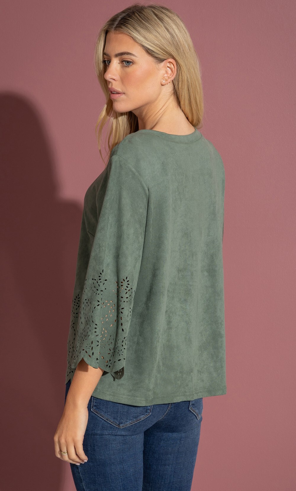 Laser Cut Suedette Top in Green | Klass