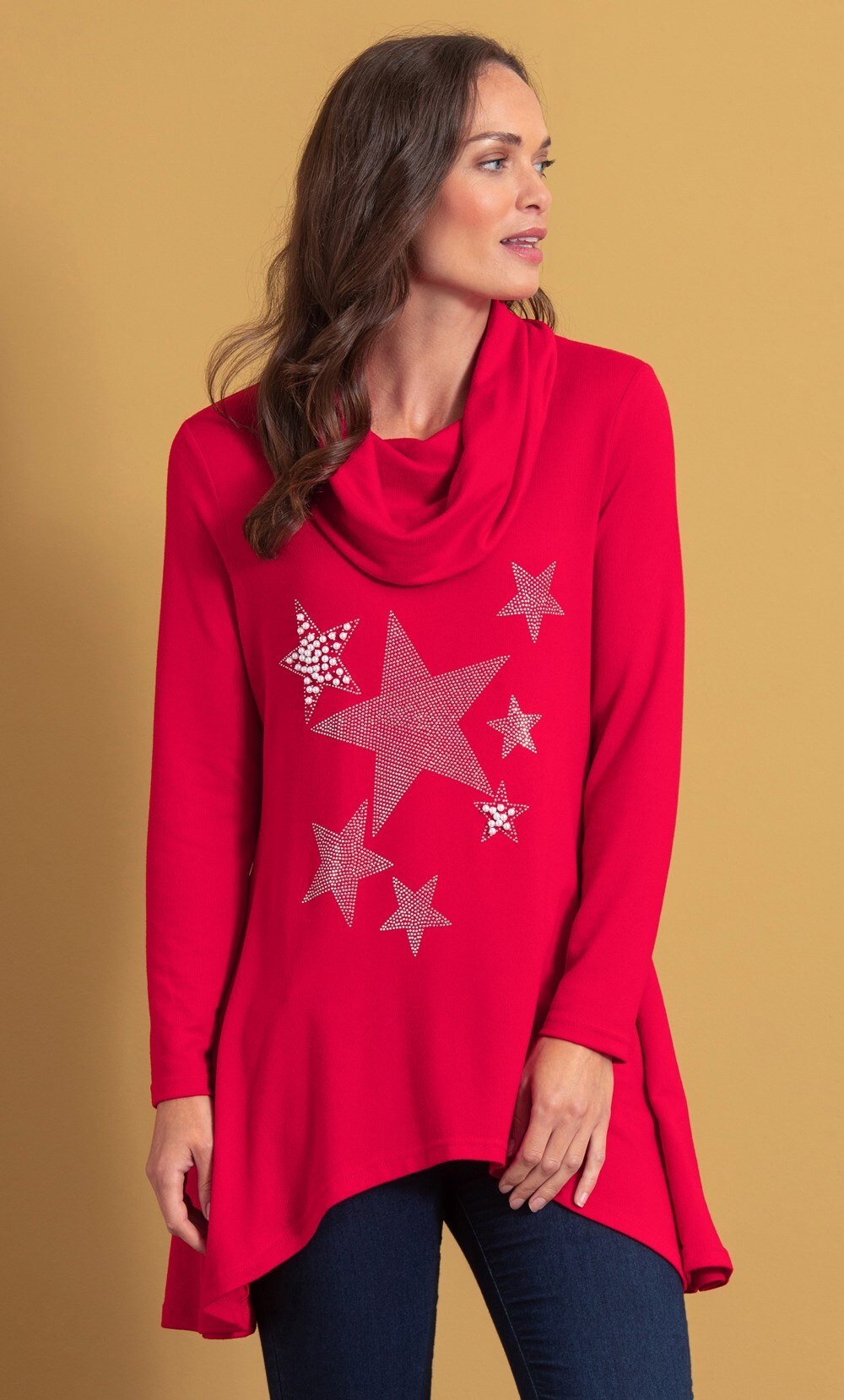 Embellished Star Knitted Tunic Top in Red | Klass